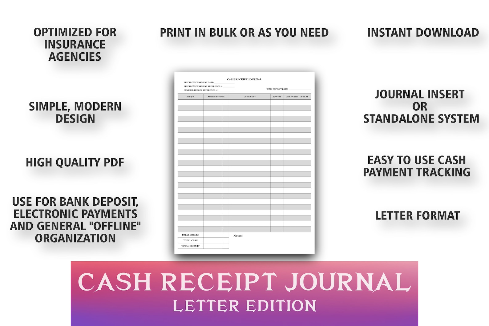 Cash Receipt Journal Printable for Insurance Agencies and Bookkeepers ...