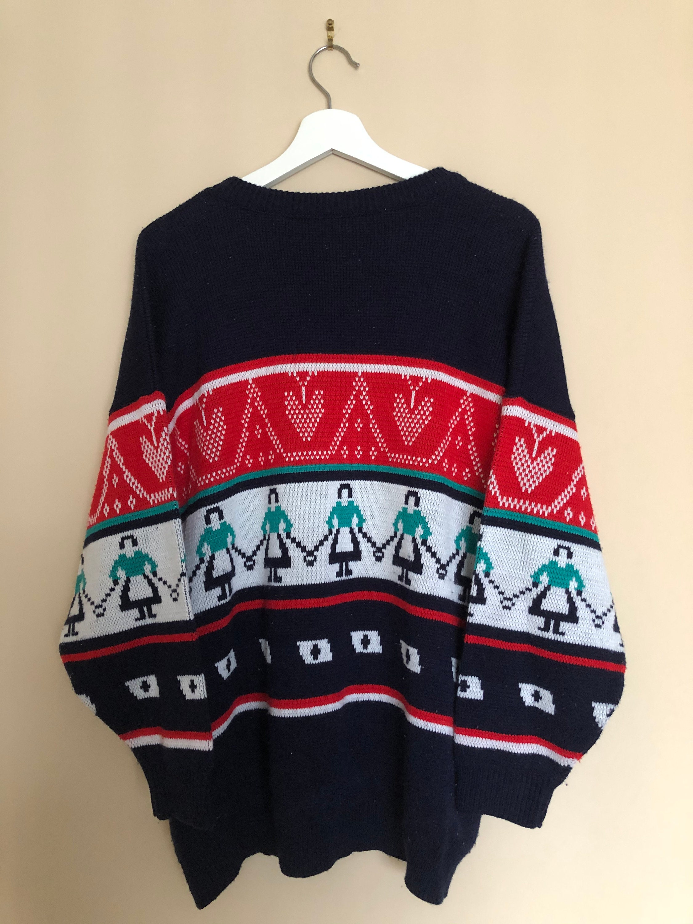 Cool Vintage 1980s Folk Art Sweater With Ladies Holding Hands and ...
