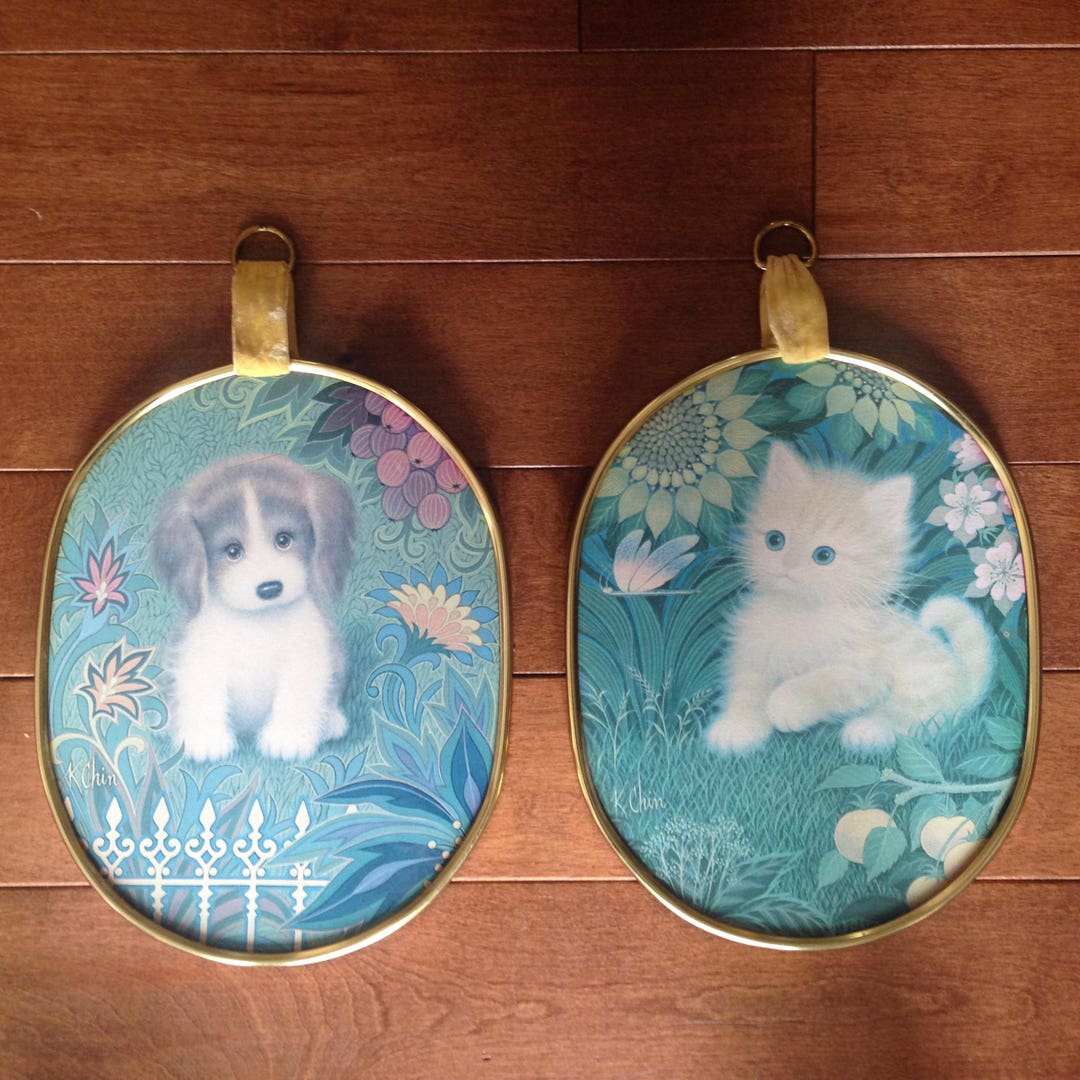 Vintage Retro Kitsch Set of 2 Oval Wall Hangings PUPPY AND KITTY Super ...
