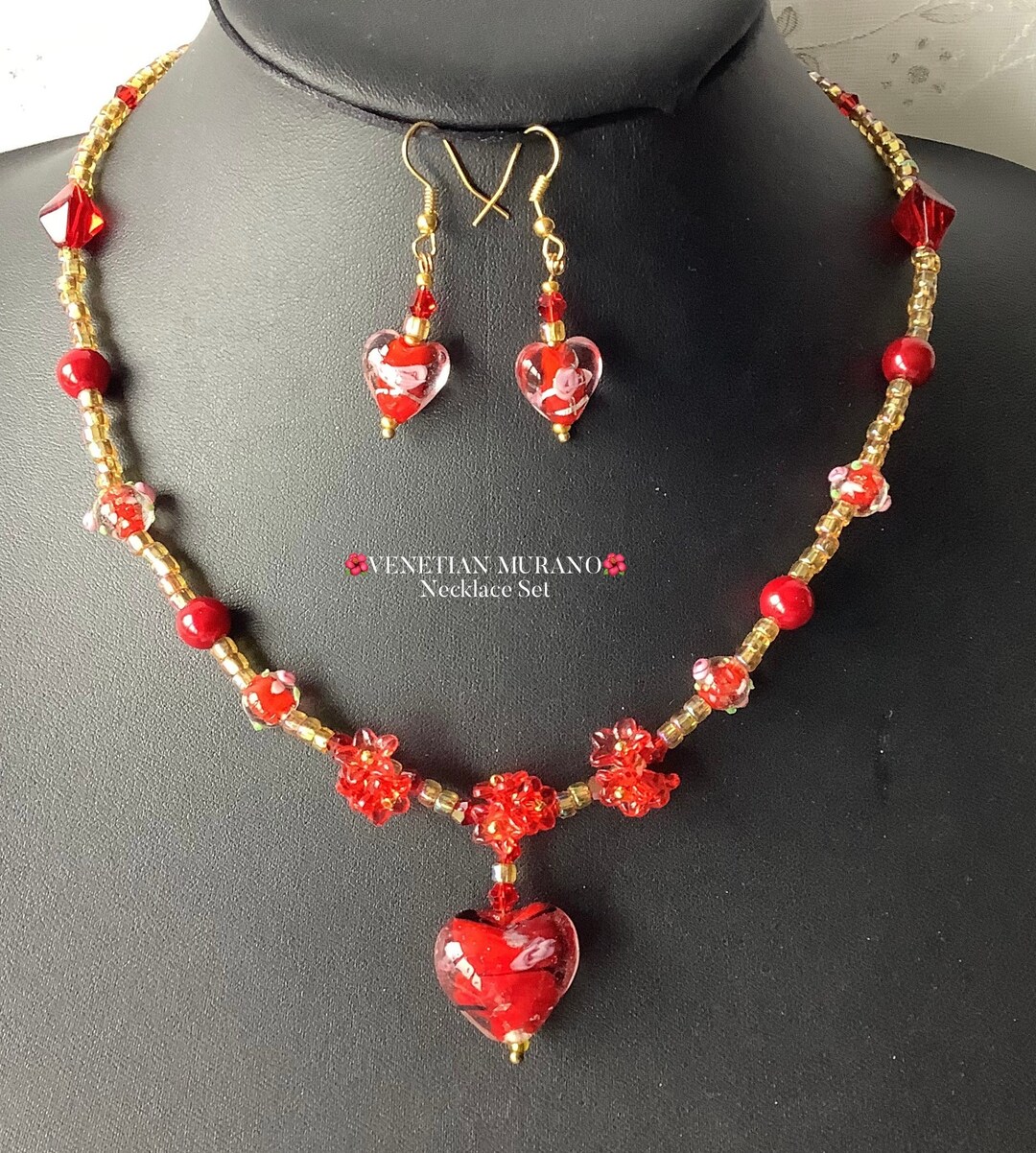 RED MURANO PENDANT Set.murano Red Heart Set.unique Murano Red Necklace ...