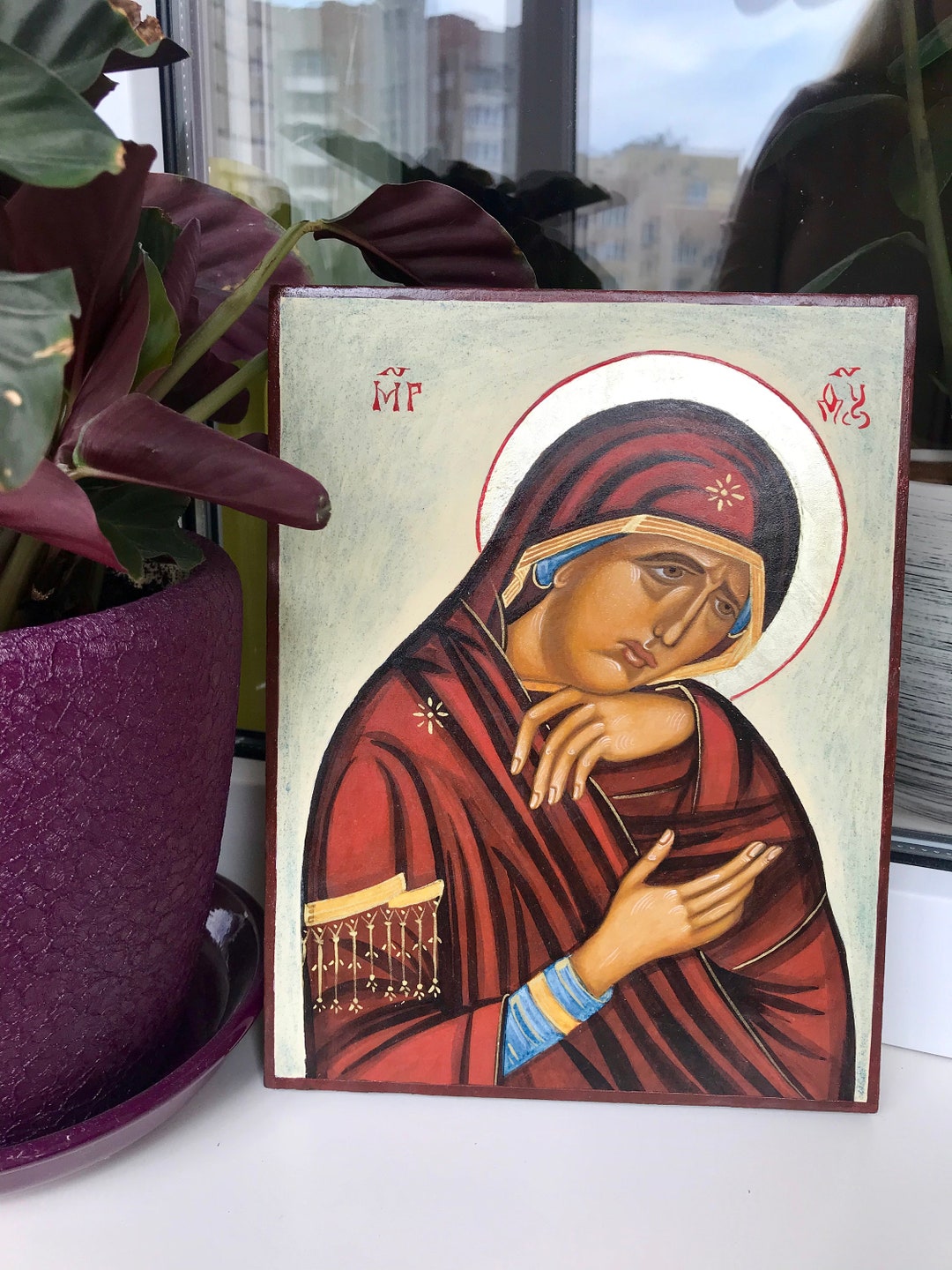 Virgin Mary Hand Painted Icon Byzantine Icon Painting Handmade