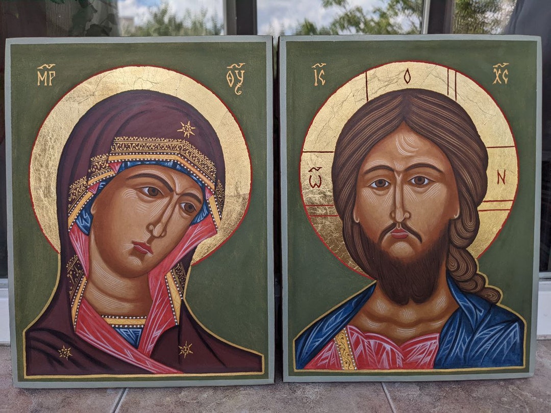 Jesus Christ and Virgin Mary Hand Painted Icon, Byzantine Icon Painting ...