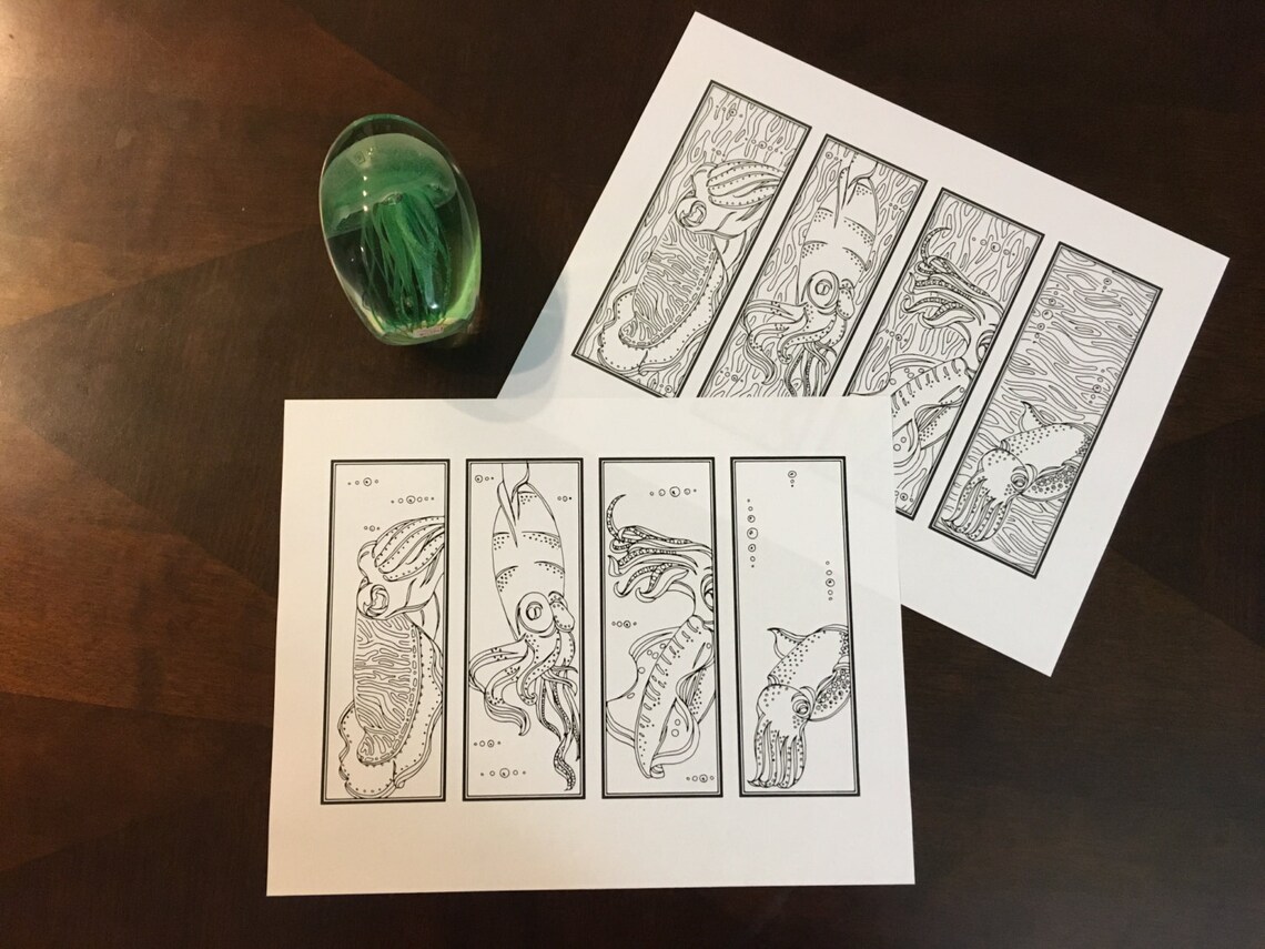 Squid Bookmarks Coloring Page: Zendoodle DIY Set (instant Download) - Etsy
