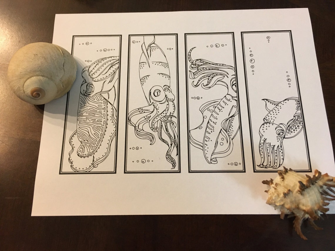 Squid Bookmarks Coloring Page: Zendoodle DIY Set (instant Download) - Etsy