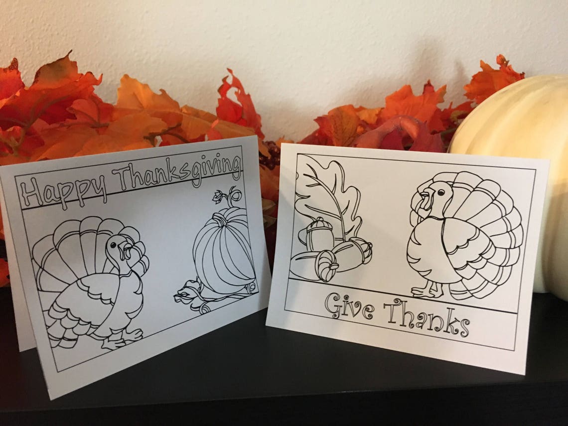 Thanksgiving Coloring Cards: Set of 2, DIY Holiday Crafts (instant ...