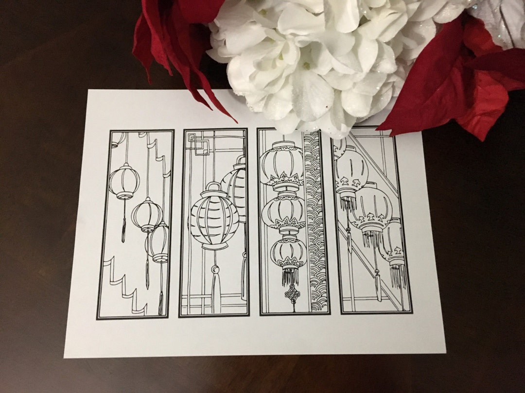 DIY Chinese Lanterns Bookmarks Set of 4 Printable Coloring Page Adult ...