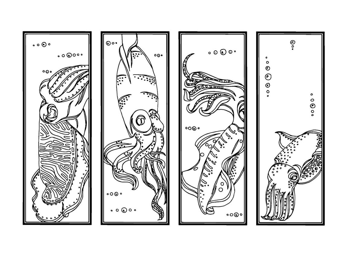 Set of 8 DIY Squid Bookmarks Printable Coloring Page Adult Coloring ...