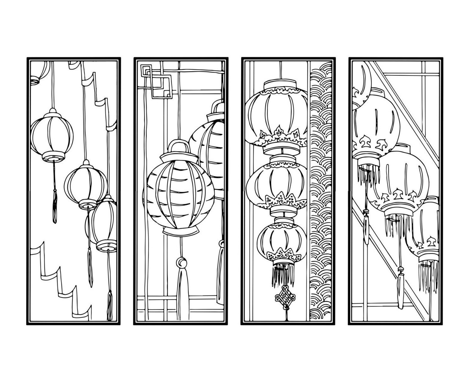DIY Chinese Lanterns Bookmarks Set of 4 Printable Coloring Page Adult ...