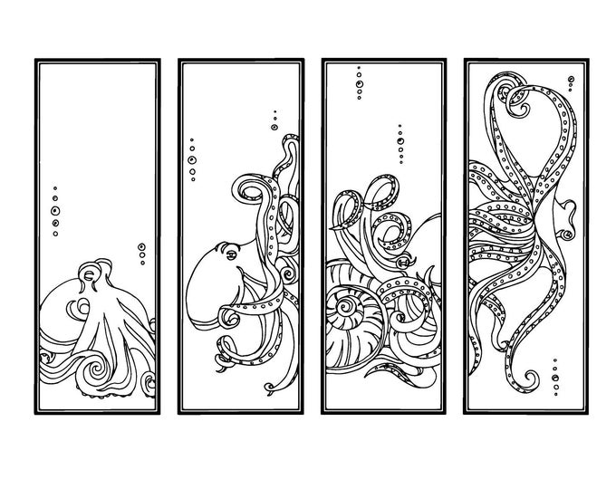 Set of 8- DIY Squid Bookmarks- Printable Coloring Page- Adult Coloring ...