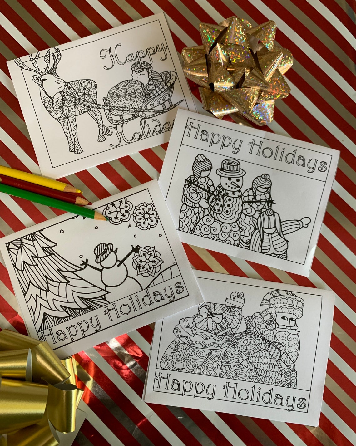 4 Color Your Own Holiday Cards! Set of Four- Instant Download- Holiday ...