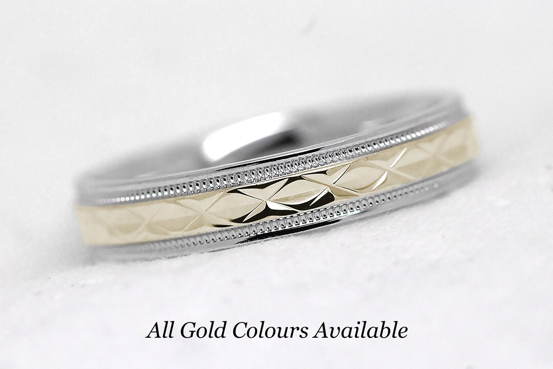4mm Solid 10K Wedding Band Men Women, Two Tone Gold Wedding Ring ...