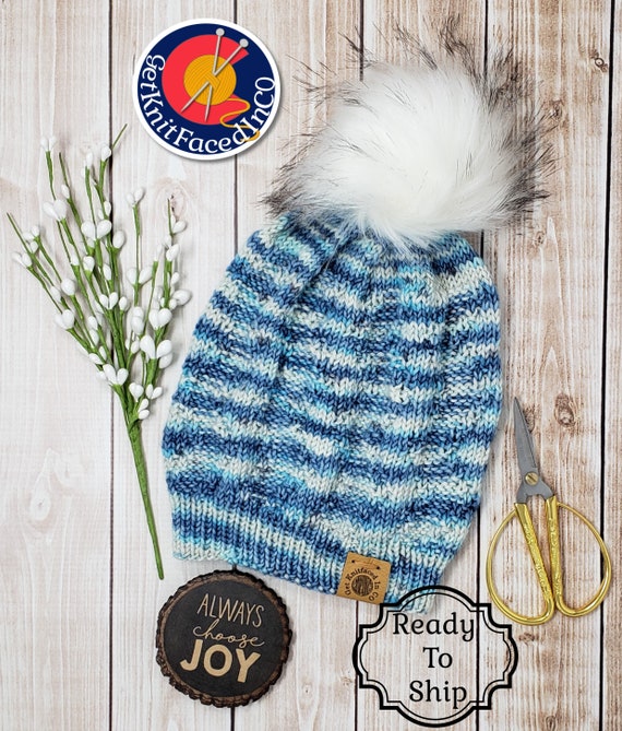 Blue White Detachable Pom Pom Hat Adult Size Women's | Etsy