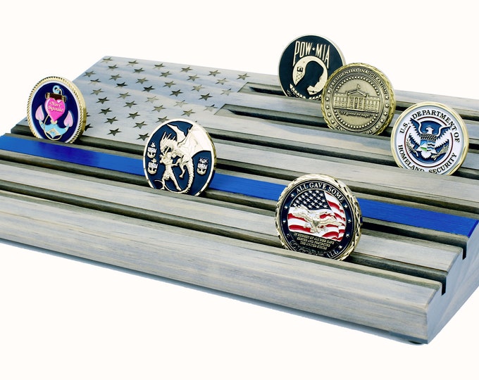 Thin Blue Line Challenge Coin Display Gray - Wood Flag Thin Blue Line ...