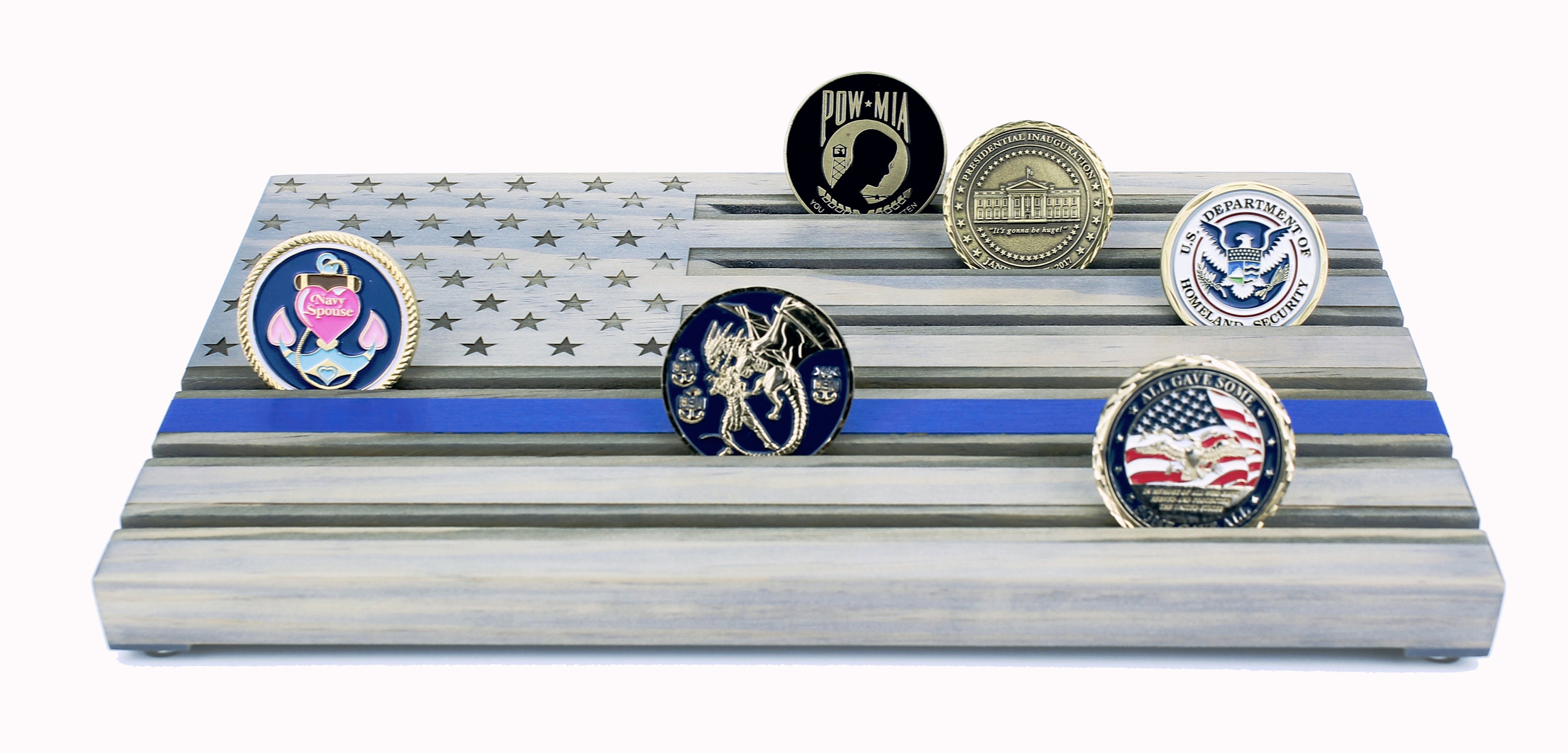 Thin Blue Line Challenge Coin Display Gray Wood Flag Thin | Etsy