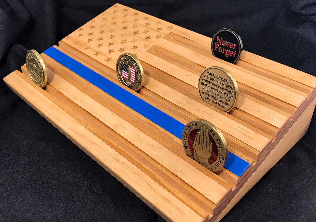Police Coin Display - Thin Blue Line - Wood Flag - Challenge Coin ...