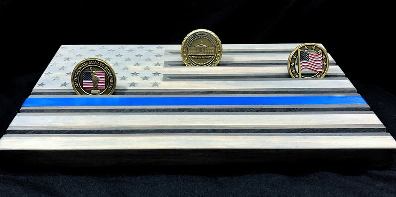 Thin Blue Line Challenge Coin Display Gray Wood Flag Thin | Etsy