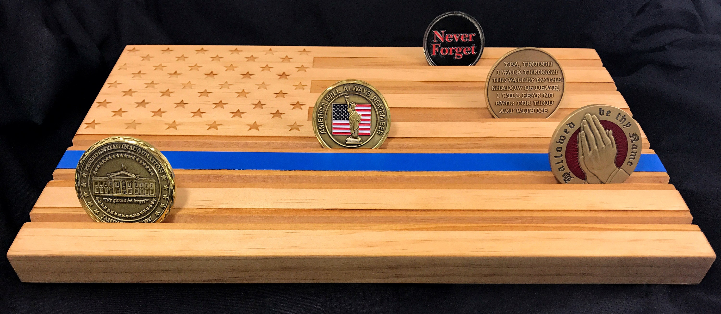 Police Coin Display Thin Blue Line Wood Flag Challenge | Etsy