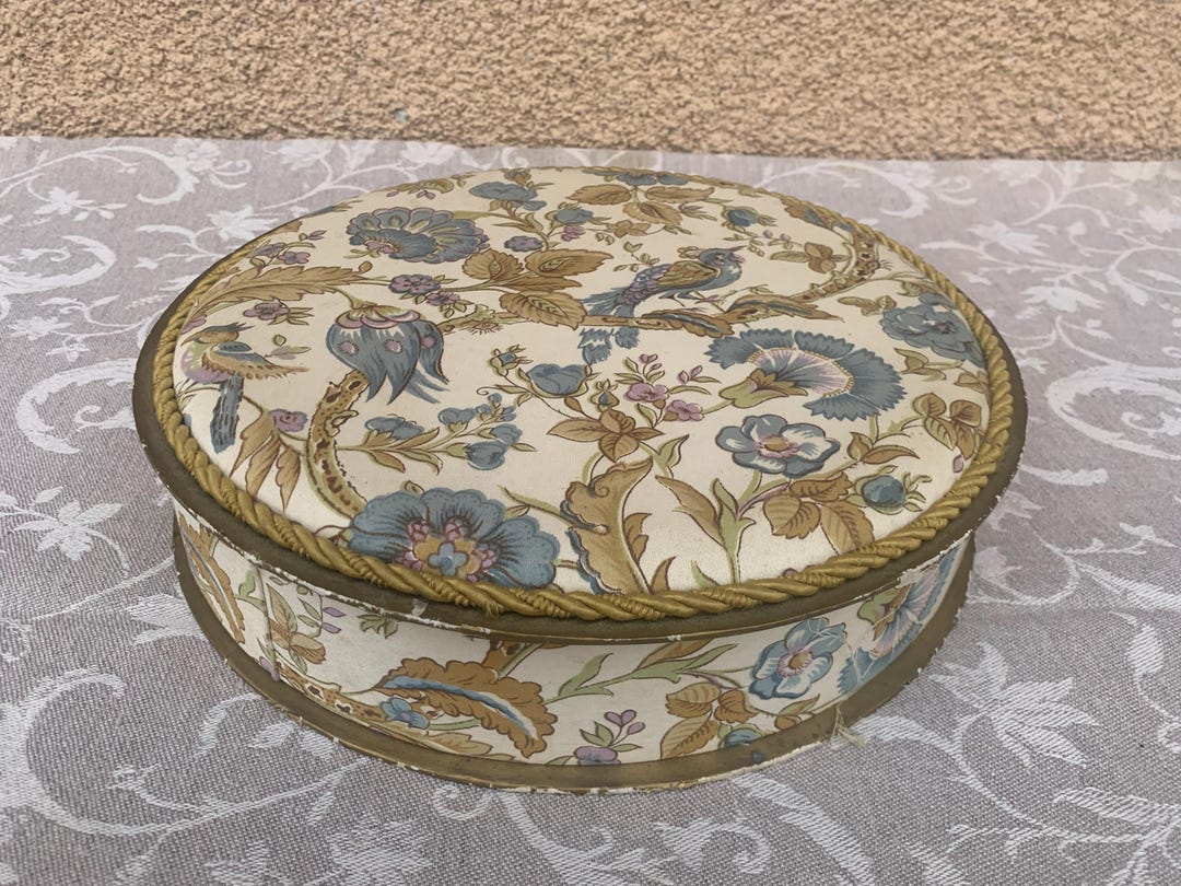 RARE Vintage Fabric Box, French Boudoir, Floral Silk Fabric Box Peacock ...
