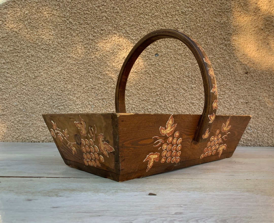 French Vintage Wooden Basket / Decorated With Painted Grapes, Leaves / Bentwood Handle . - Etsy