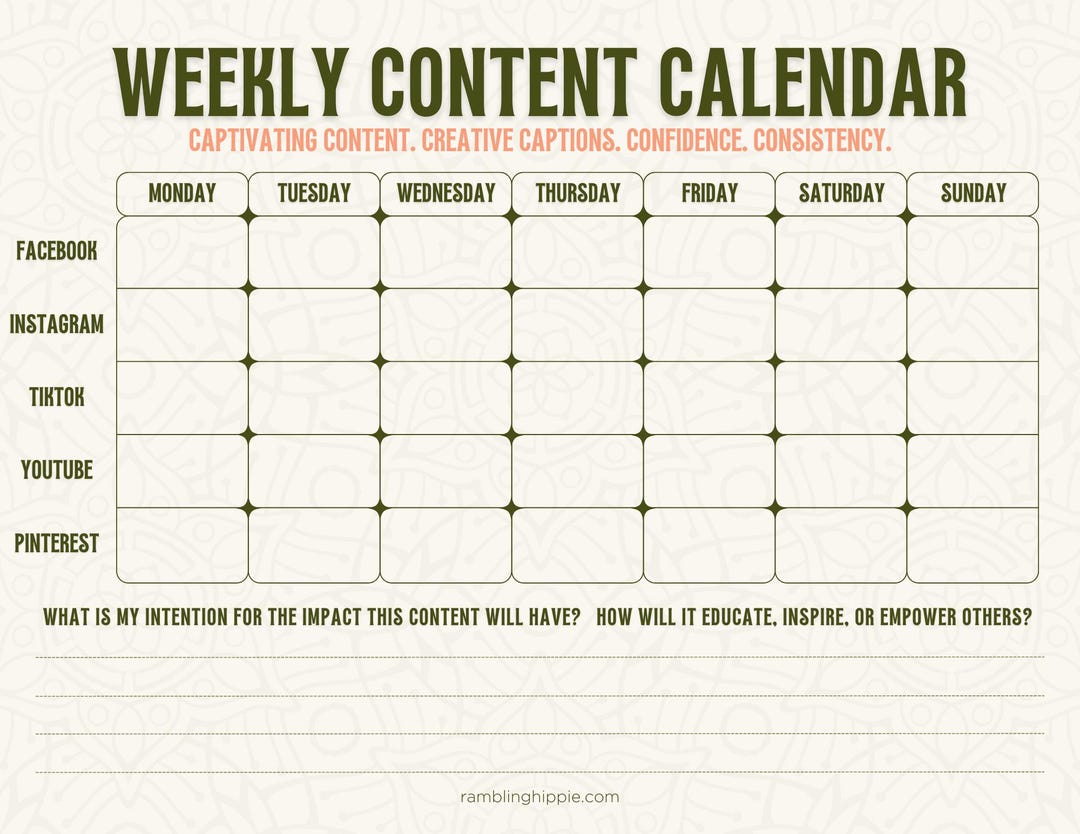 Weekly Social Media Content Calendar Content Planner Printable PDF With ...