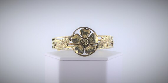 Victorian 12k Gold Floral Flower Leaves Hinged Bangle… - Gem