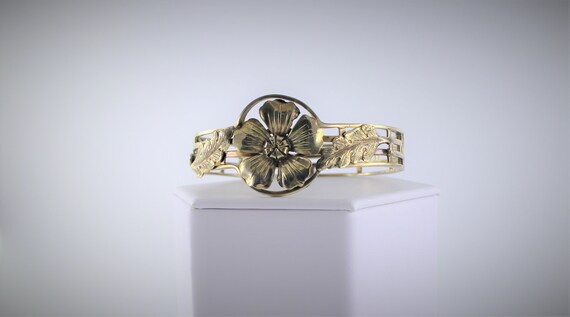 Victorian 12k Gold Floral Flower Leaves Hinged Bangle… - Gem