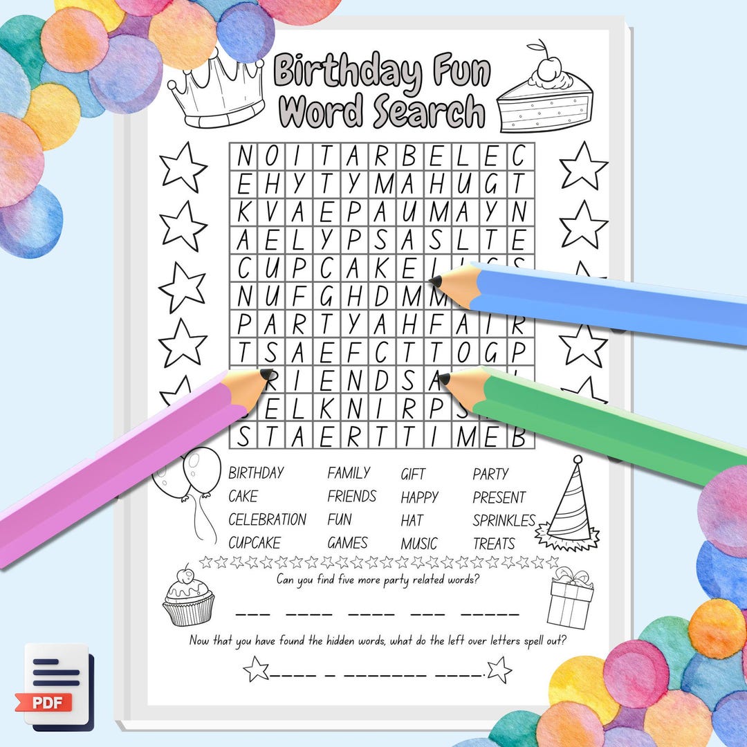 Birthday Party Word Search Puzzle: Kids Activity, Colouring Page (PDF ...
