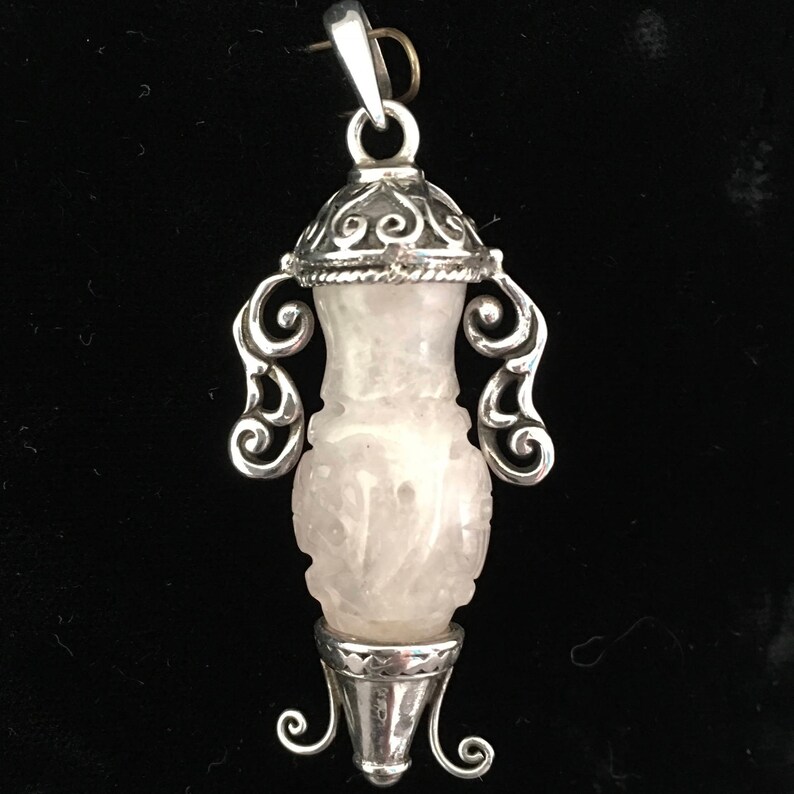 Amphora Urn Genie Bottle Vase Hand Carved Rose Quartz Sterling Silver ...