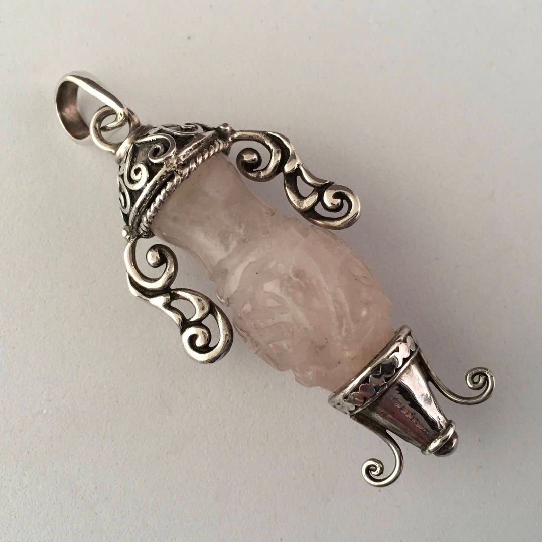 Amphora Urn Genie Bottle Vase Hand Carved Rose Quartz Sterling Silver ...