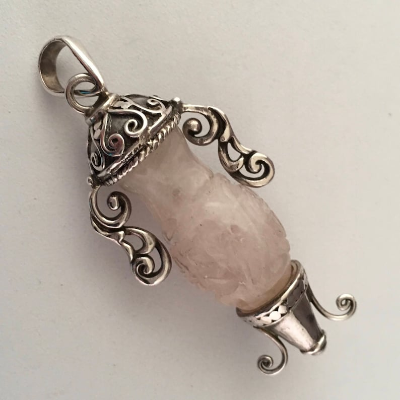 Amphora Urn Genie Bottle Vase Hand Carved Rose Quartz Sterling Silver ...