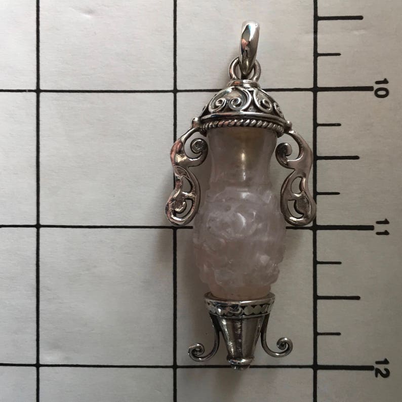 Amphora Urn Genie Bottle Vase Hand Carved Rose Quartz Sterling Silver ...