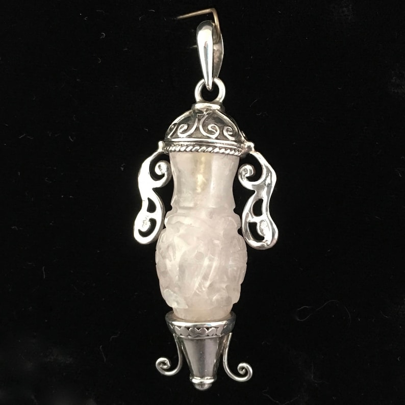 Amphora Urn Genie Bottle Vase Hand Carved Rose Quartz Sterling Silver ...