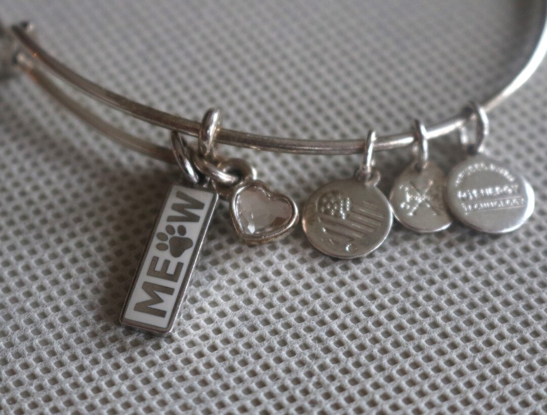Alex and Ani, Meow Charm Bangle Bracelet, Silver Color, Crystal Heart ...