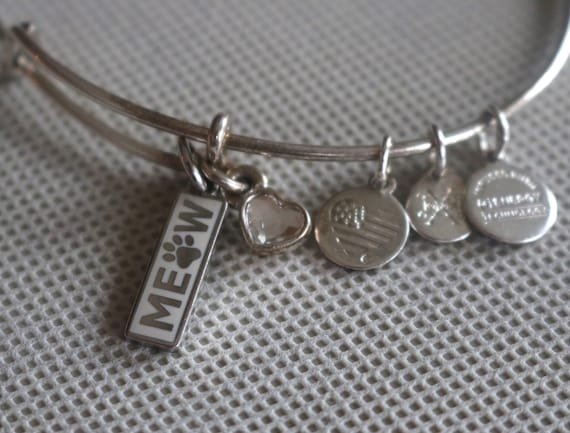 Alex and Ani Meow Charm Bangle Bracelet Silver Color Crystal Heart