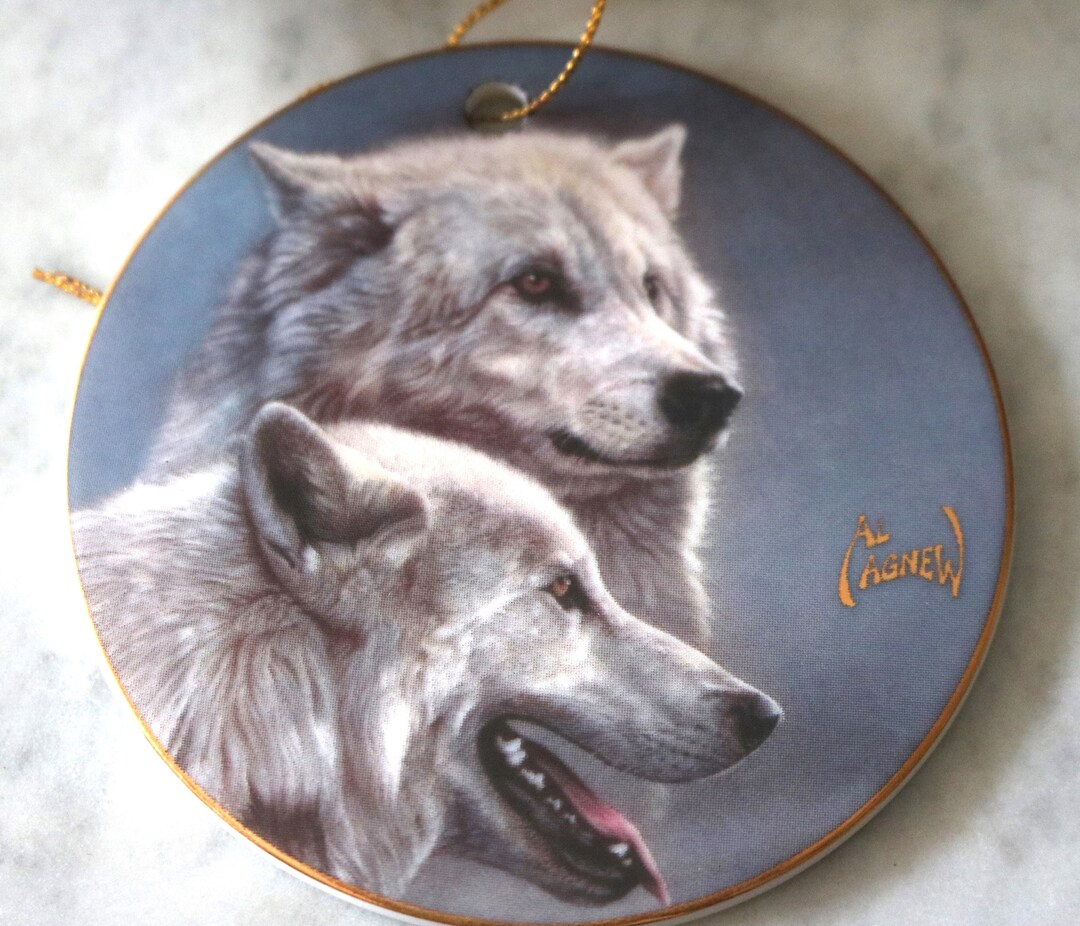 1995 Hadley House Ornament, Artic Wolves, Artist Al Agnew, Porcelain ...