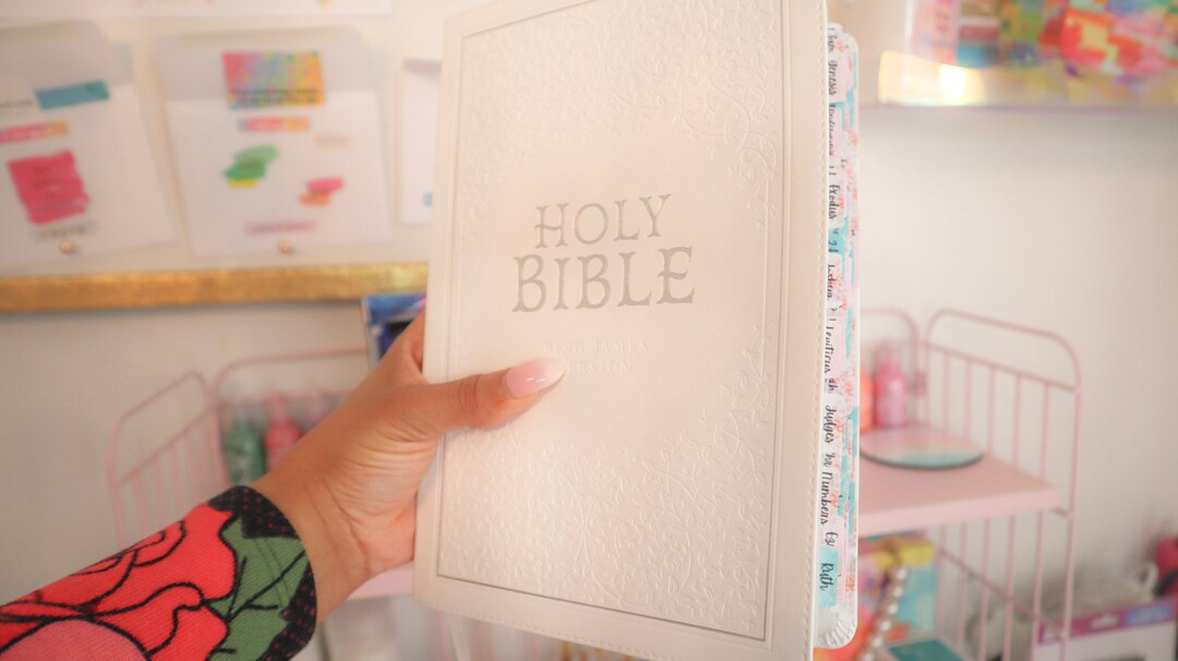 Beautiful White Faux Leather KJV Bible: Floral Tabs, Large Print ...