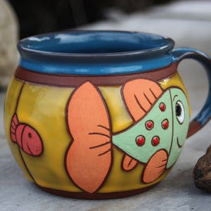 Pottery Mug, Ceramic Mug Kids, Fish Mug, Coffee Mug Handmade, Pottery ...