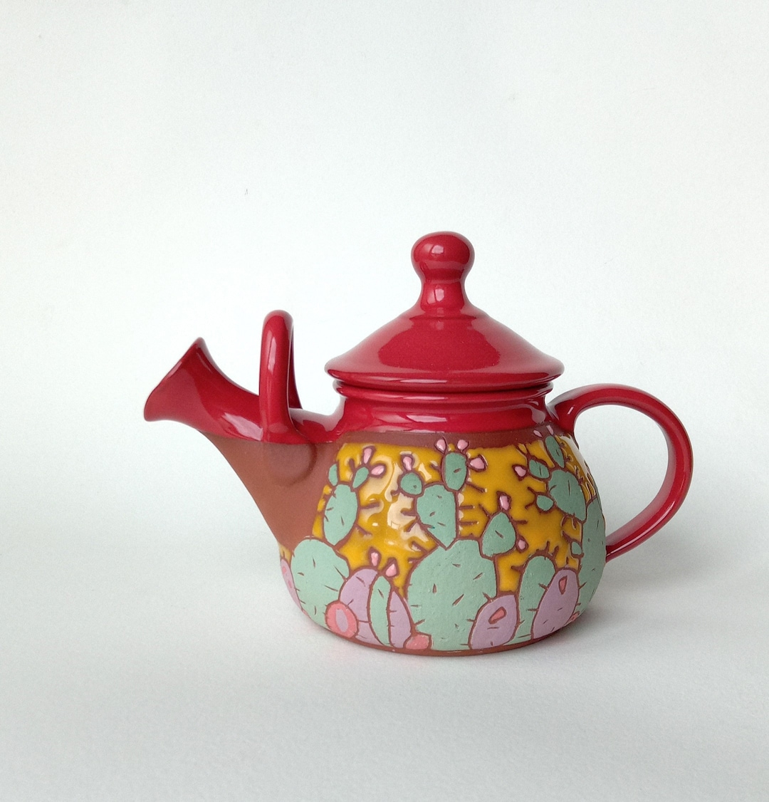 Pottery Teapot, Unique Teapot With Cactus, Ceramic Tea Pot, Red Teapot ...