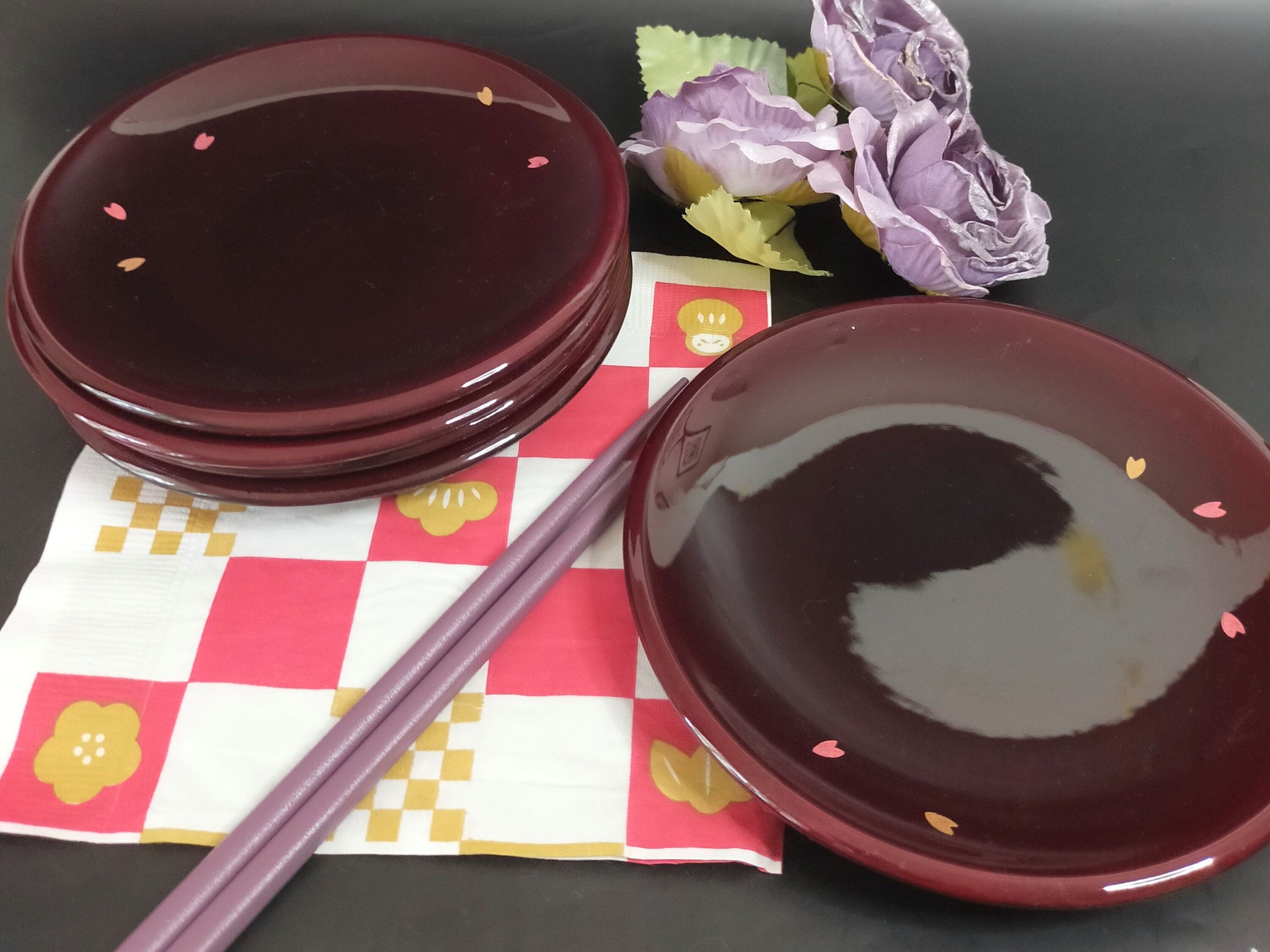 Vintage Japanese Lacquerware Plate (5 Pcs/set) Dark Burgundy ; Hand ...