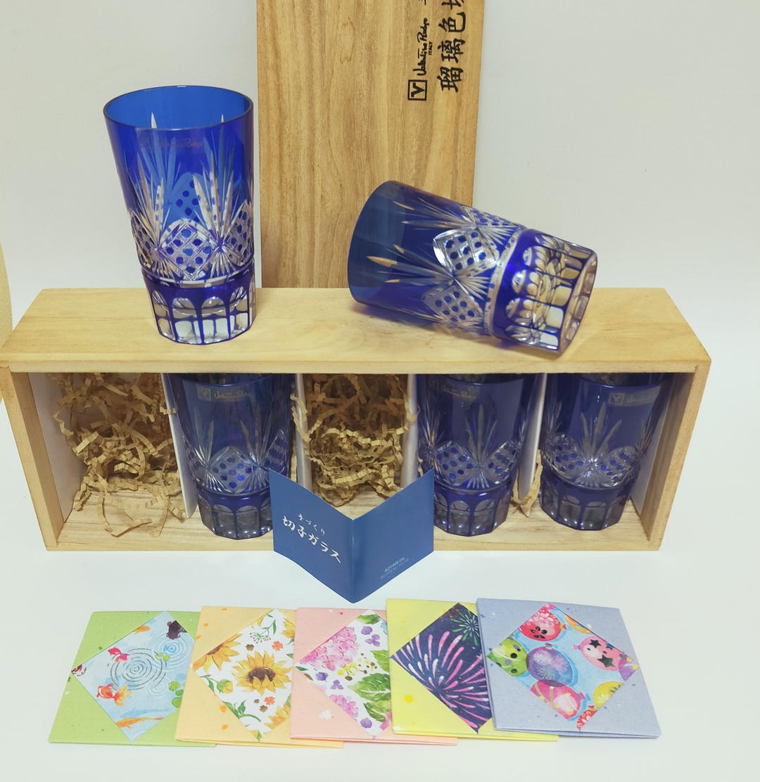 Japanese "kiriko" Cut Glass Sake SET ; Vintage Unused ; With Wooden Box ...