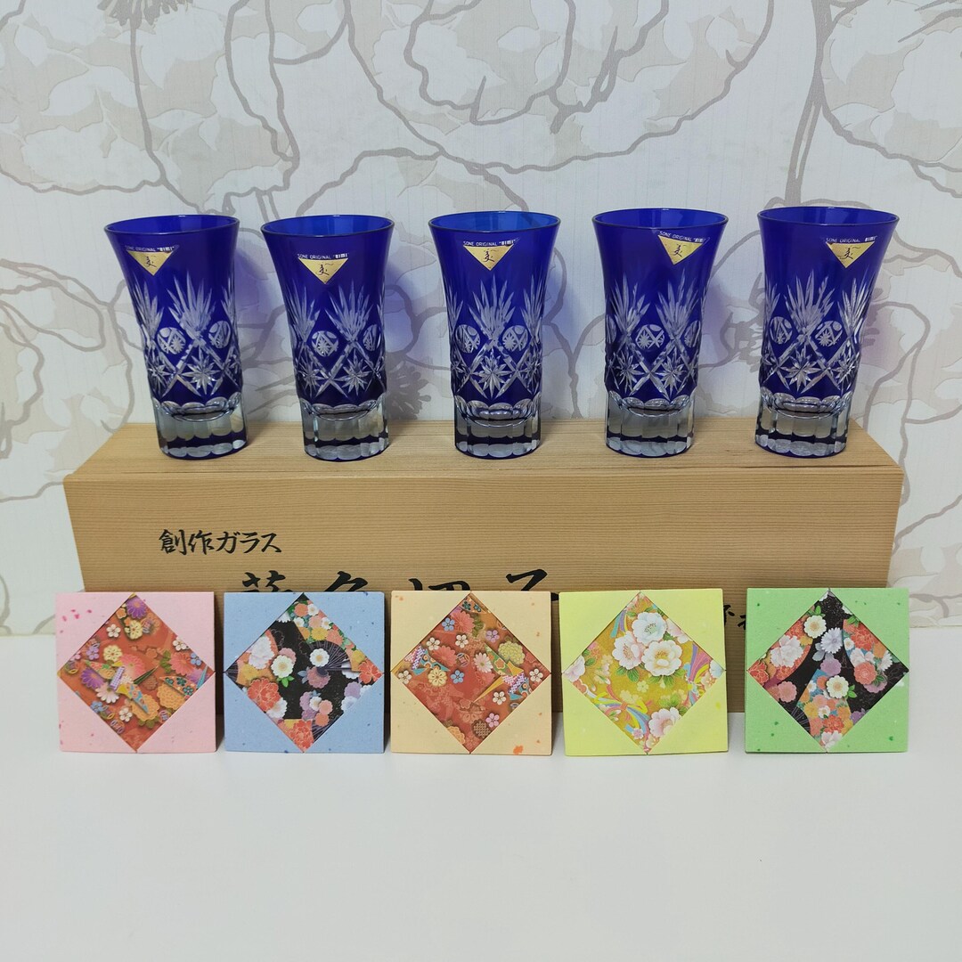 Japanese "kiriko" Cut Glass Sake SET ; Vintage Unused ; With Wooden Box ...