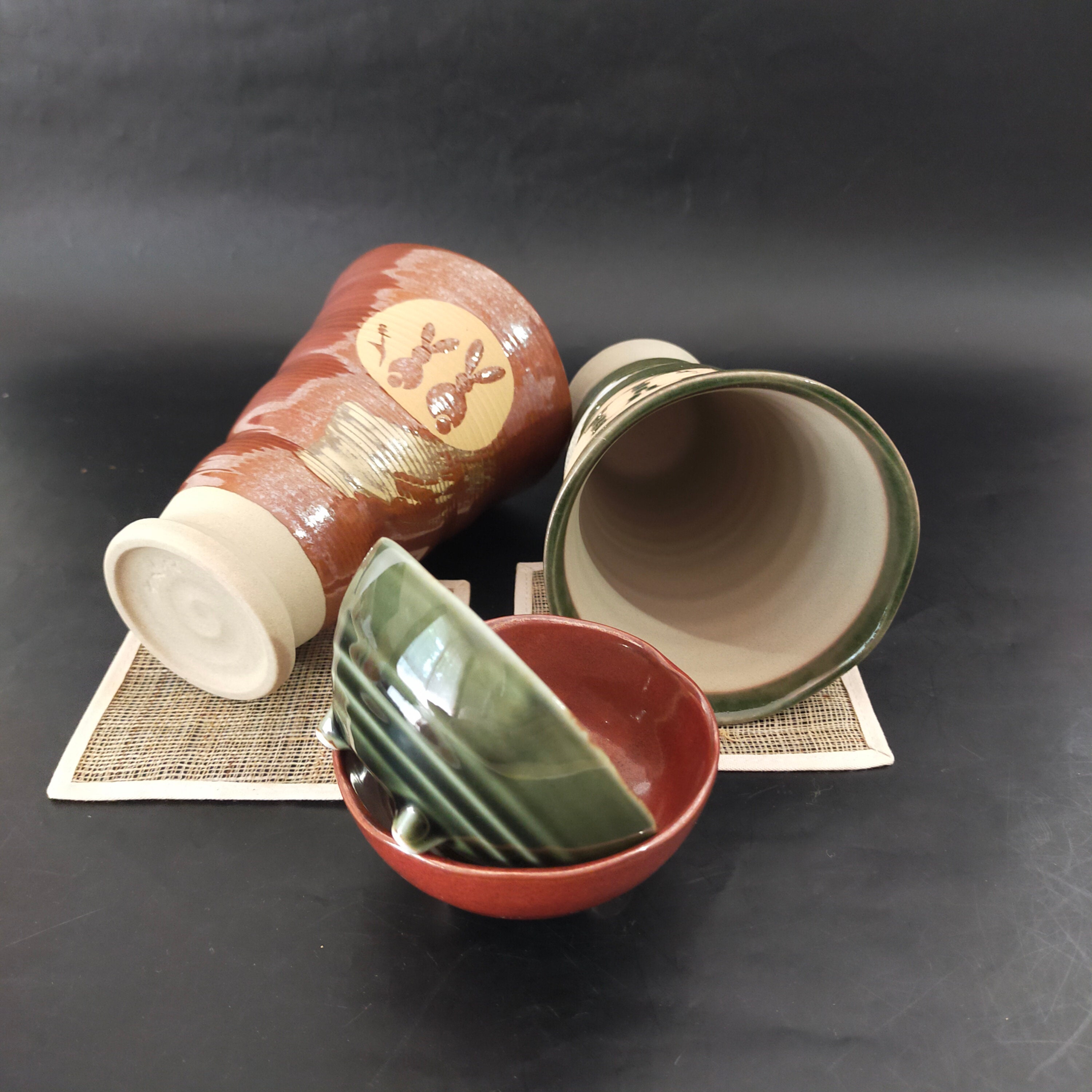 Two Ceramic Sake Cups & Matching Small Plates Set Vintage - Etsy UK