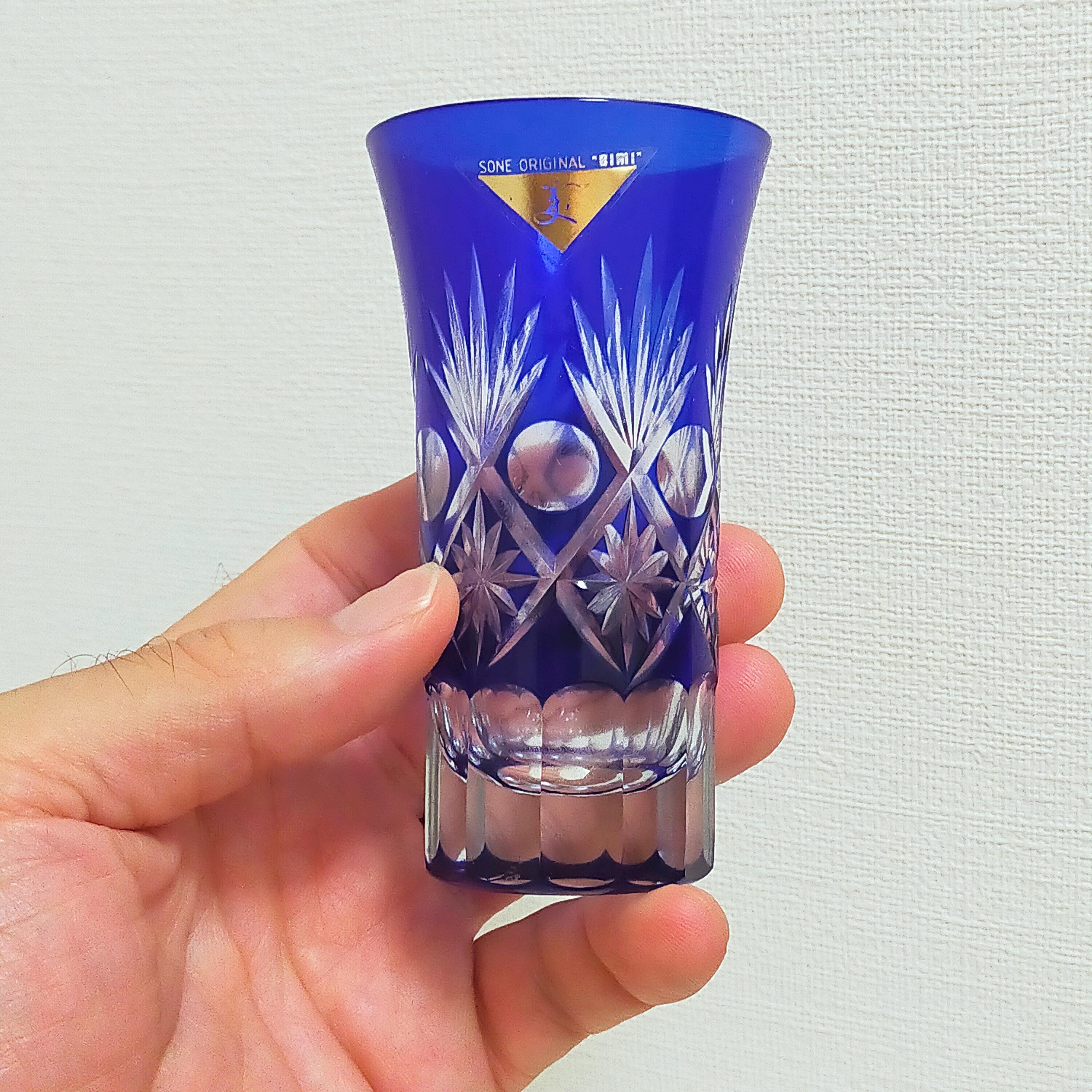 Japanese "kiriko" Cut Glass Sake SET ; Vintage Unused ; With Wooden Box ...