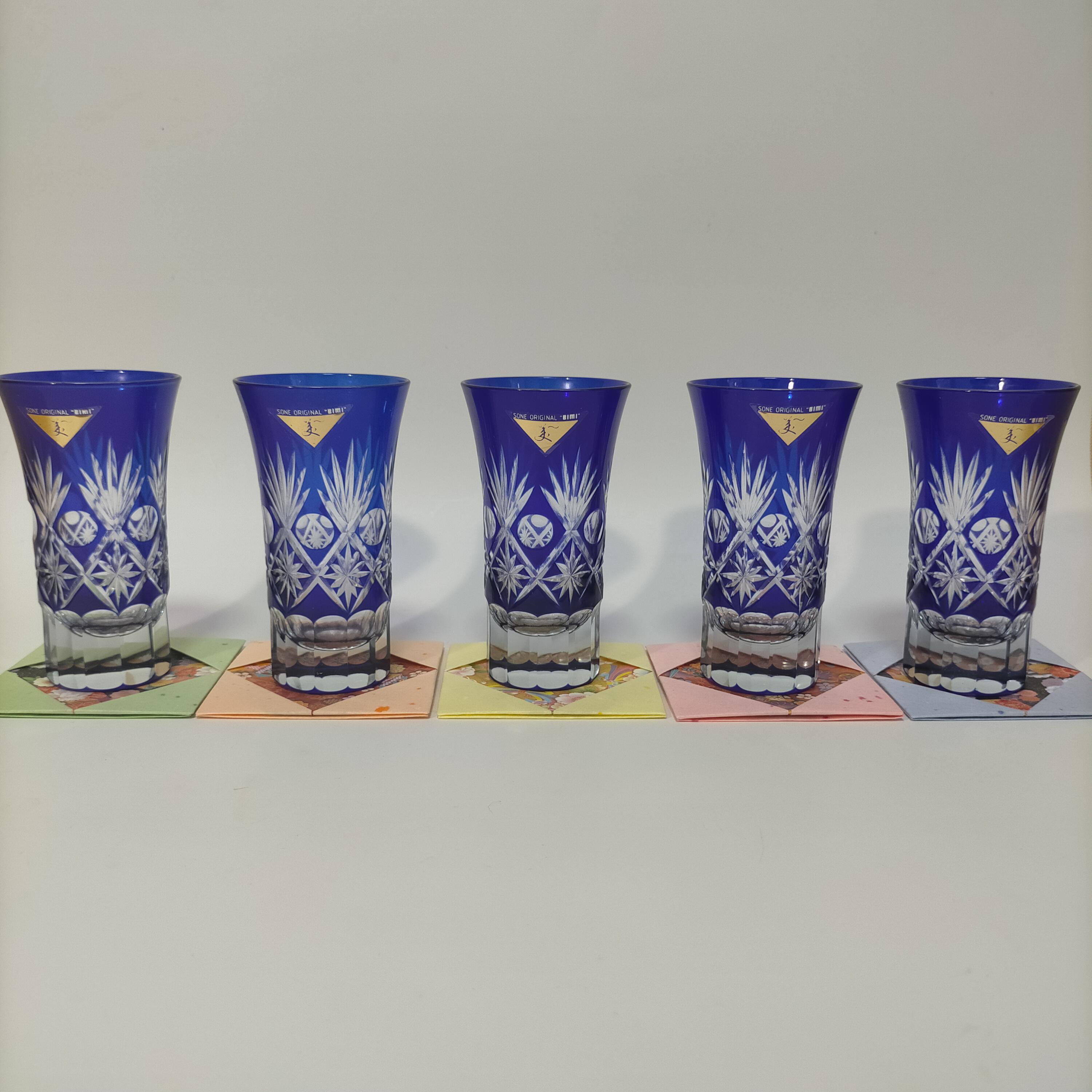 Japanese "kiriko" Cut Glass Sake SET ; Vintage Unused ; With Wooden Box ...