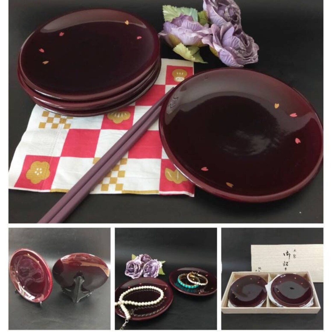 Vintage Japanese Lacquerware Plate (5 Pcs/set) Dark Burgundy ; Hand ...