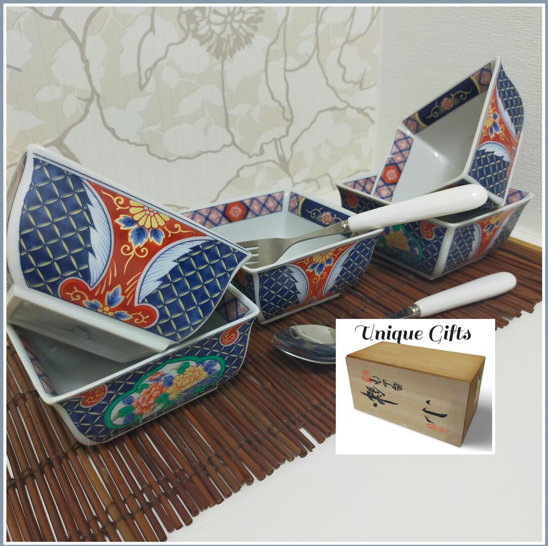 Japanese Square Ceramic Bowls 5 Pcs / SET Vintage Unused Gift Wrapped ...