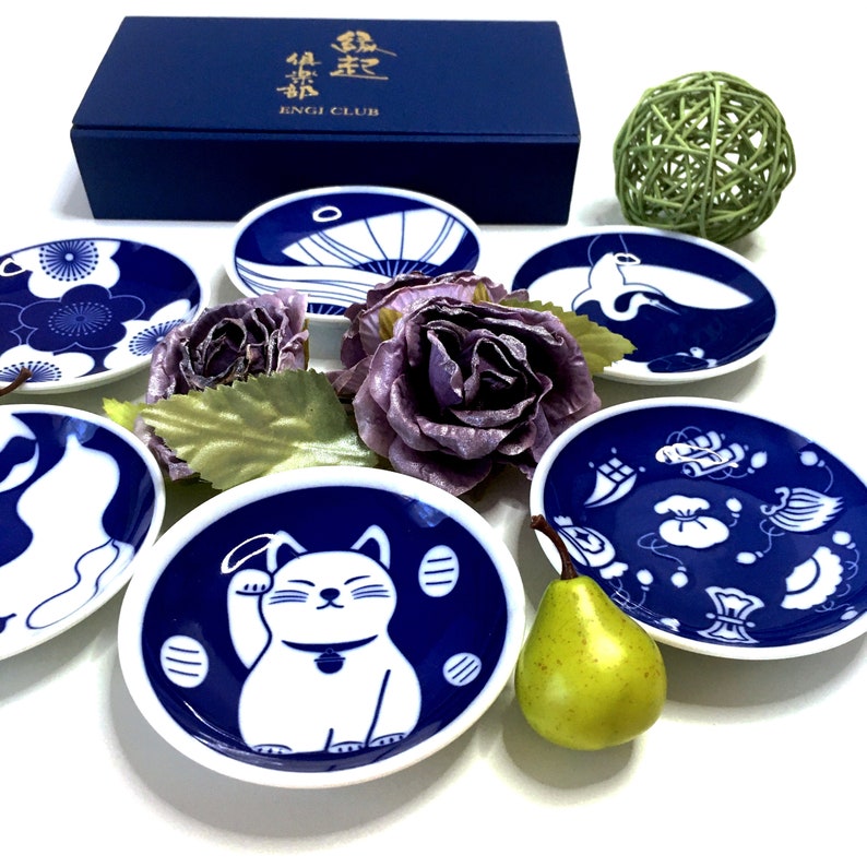 Set 6 Japan Lucky Plates Engi Club Indigo Color Japanese | Etsy