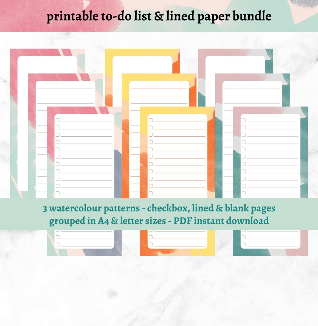 Watercolour Checklist Printable Paper Bundle Fun To-do List - Etsy