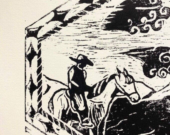 Cowboy Block Print/linocut Western “red Valley” - Etsy