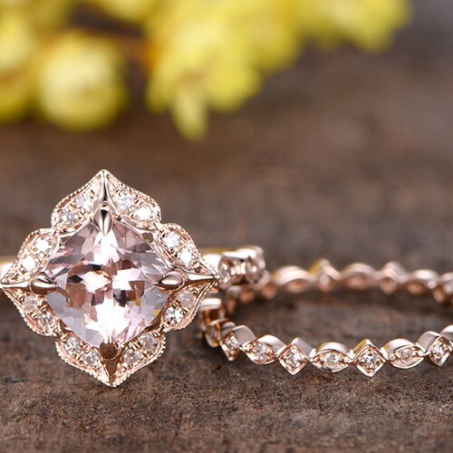 Antique Morganite Engagement Ring Cushion Cut Rose Gold Art | Etsy